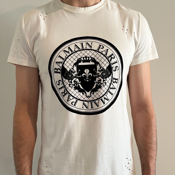 Balmain | Shirts | Mens White Balmain Black Suede Logo Tee | Poshmark